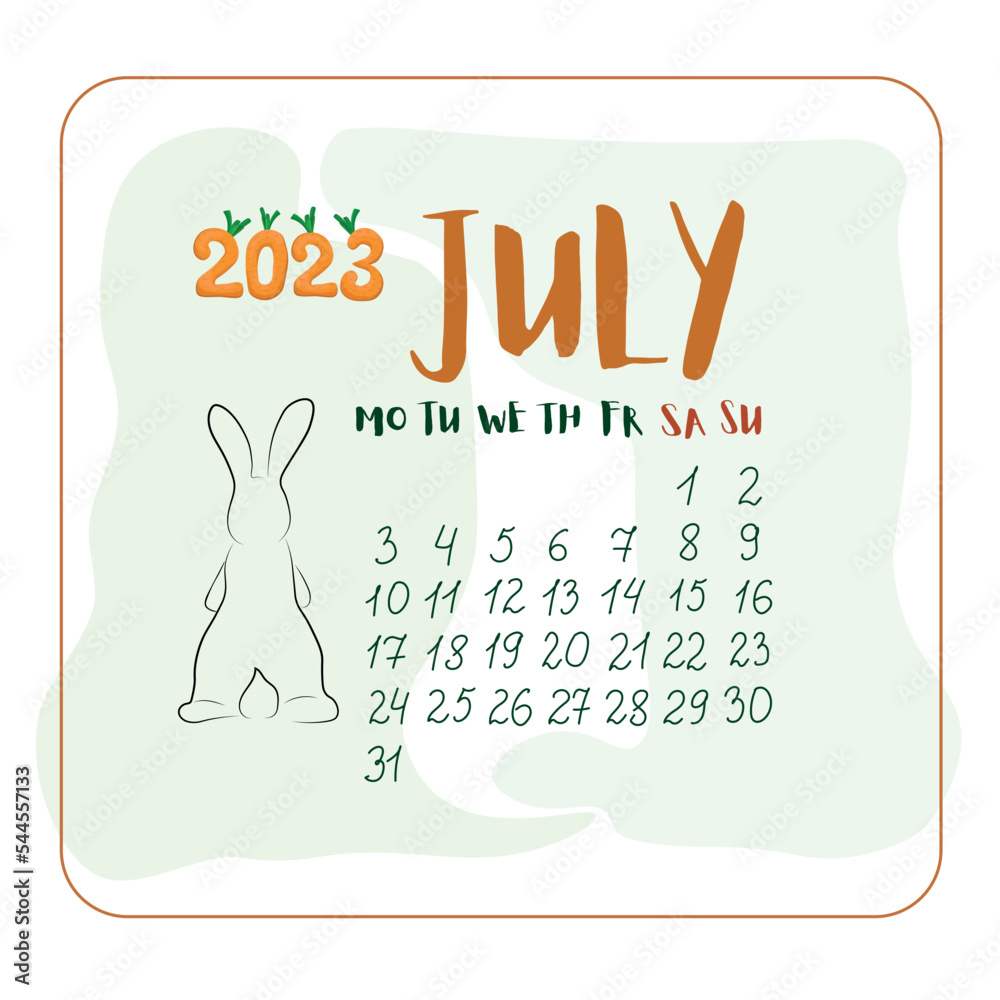 July 2023 with a rabbit in cartoon style, Calendar for July in cartoon ...
