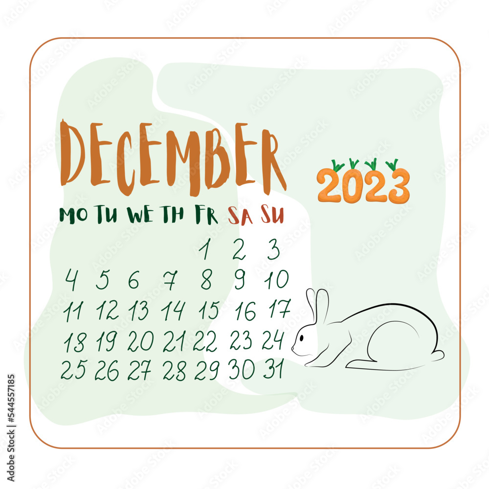 December 2023 with a rabbit in cartoon style, Calendar for December in ...