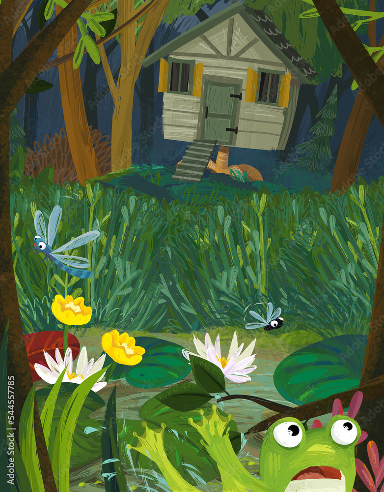 cartoon witch house frog and bugs insects flying Stock Illustration ...