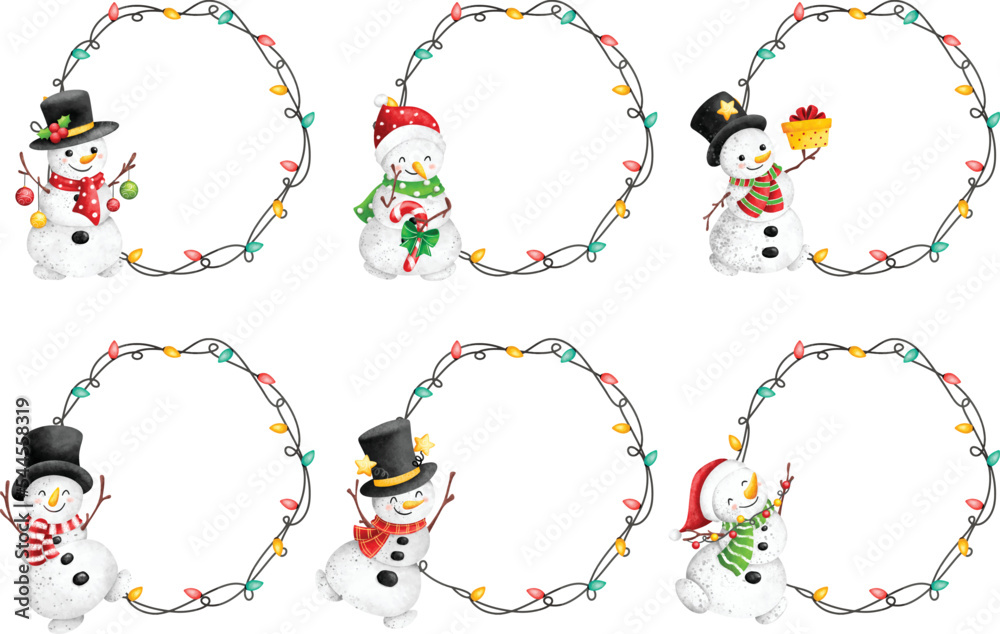 Watercolor Illustration set of Christmas light frame with Snowman Stock ...