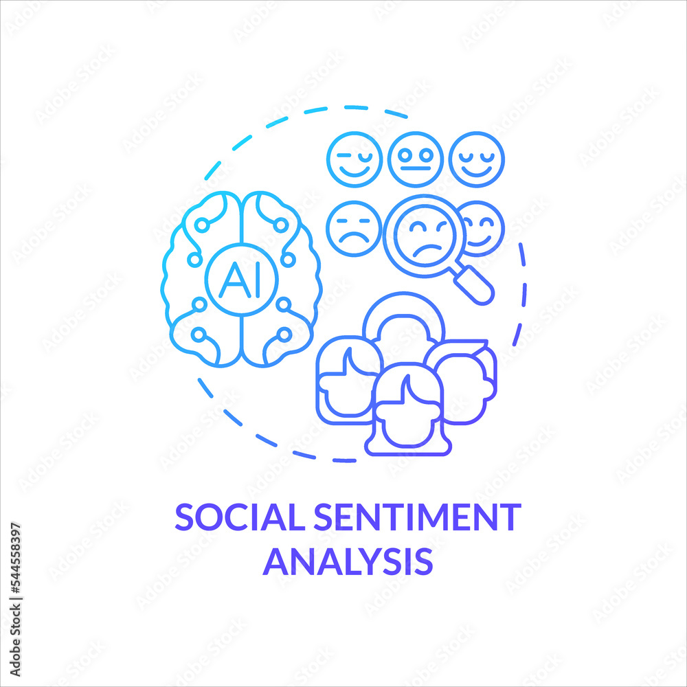 Social sentiment analysis blue gradient concept icon. Behavioral research. Neuromarketing. AI ...