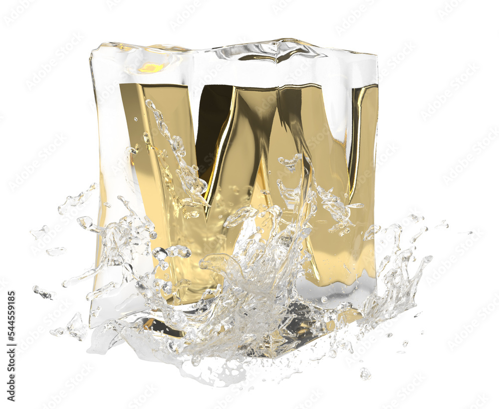 Gold letter W in cube of melting ice and drop water on isolated ...