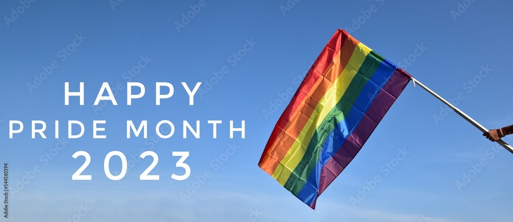 'HAPPY PRiDE MONTH 2023' on bluesky and rainbow flags background ...