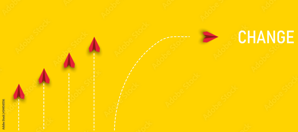 paper airplanes. red airplane changing path It is moving towards change ...
