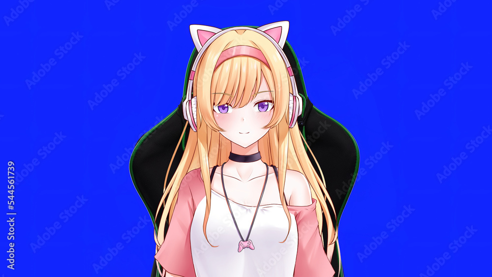 Anime girl vtuber on gaming chair on blue screen interacting virtual ...