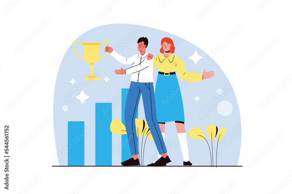 Blue concept Business success with people scene in the flat cartoon ...