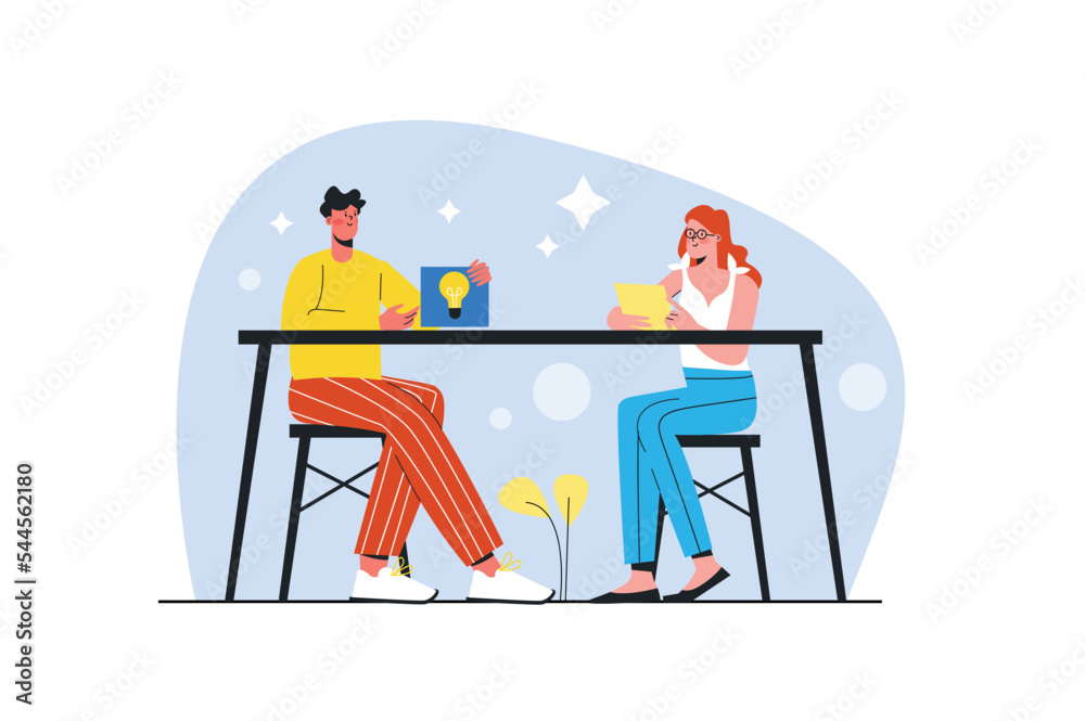 Teamwork blue concept with people scene in the flat cartoon style. Man ...