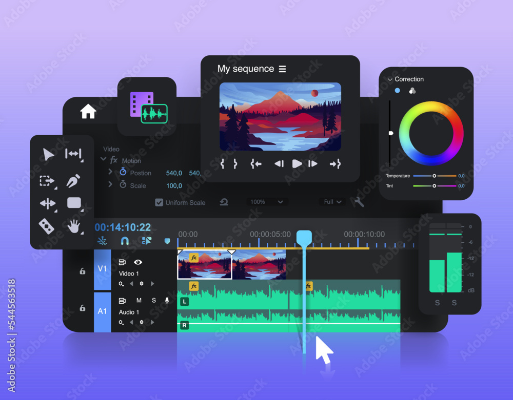 Popular video editor. Editing a video project. Sound and color ...
