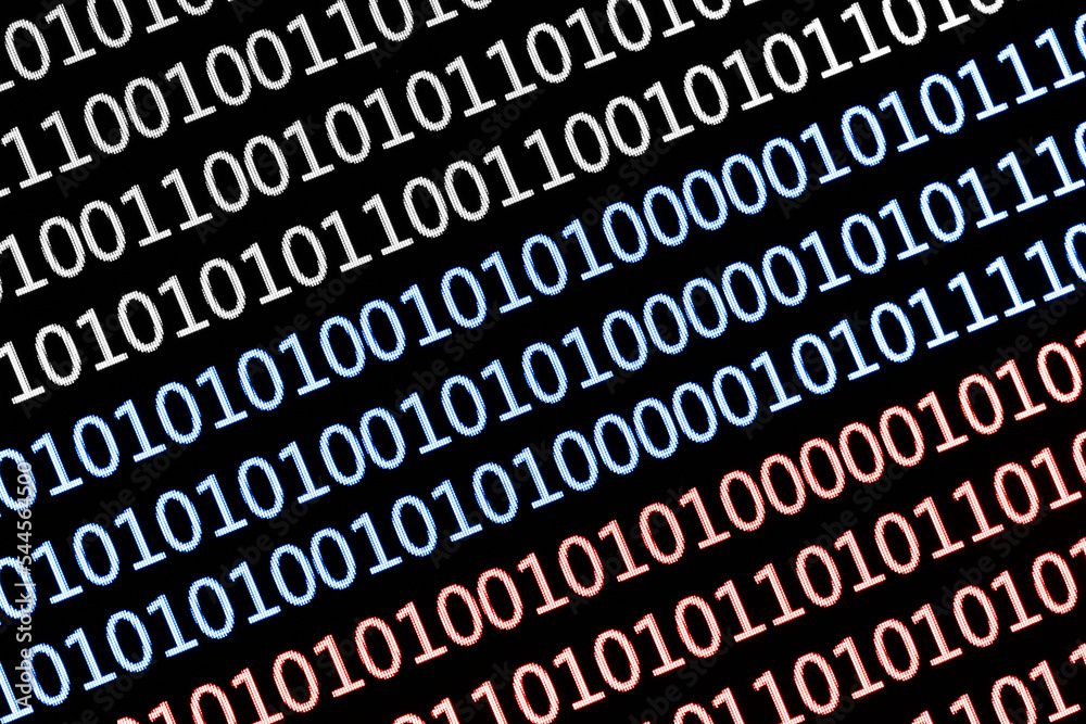 Binary code. Numbers on computer screen. Macro photography with visible pixels. Russian flag ...