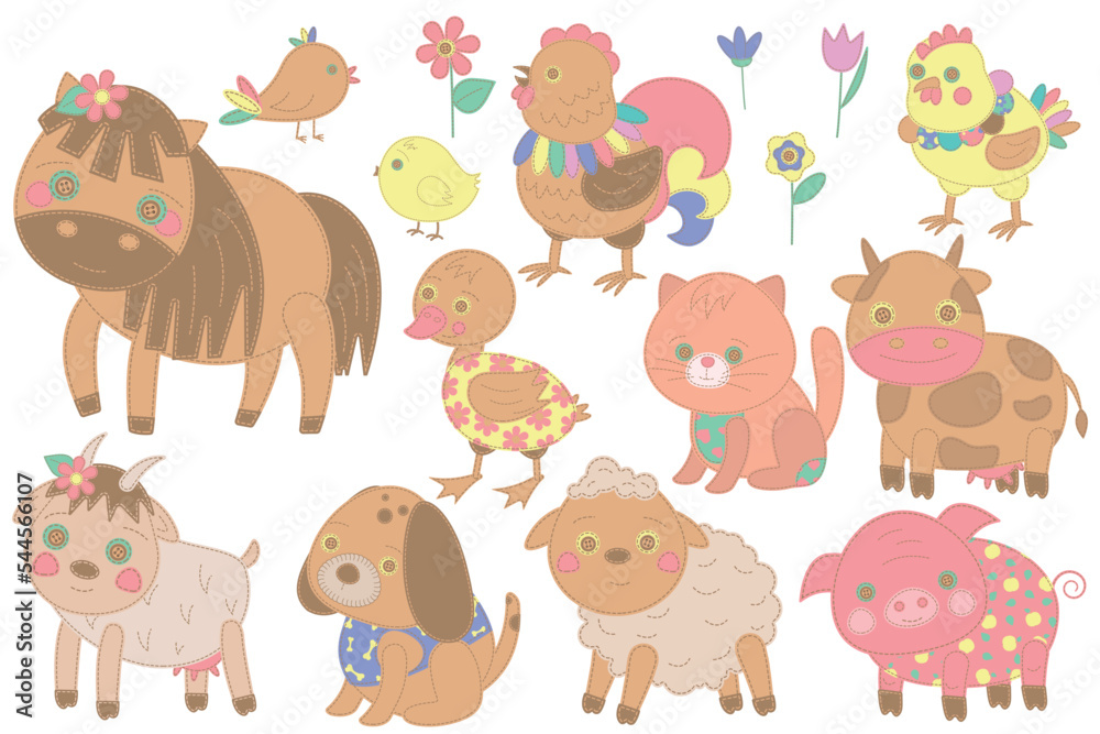Patchwork vector set of pets. Applique with pets. Cat, kitten, horse ...