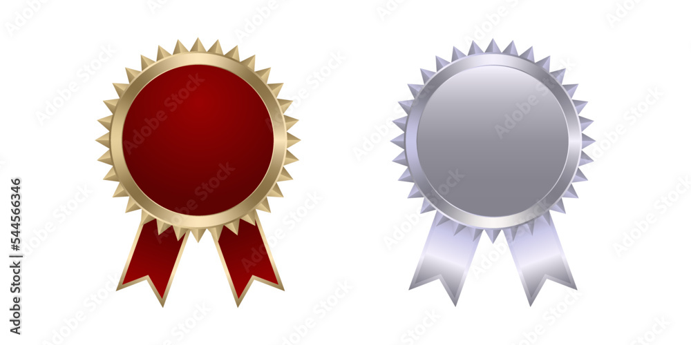 Gold and silver medals badge with ribbon. Champion winner awards or ...