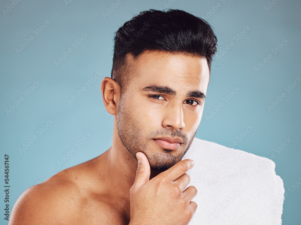 Man, hand on face and skincare cleaning or grooming cosmetics portrait ...