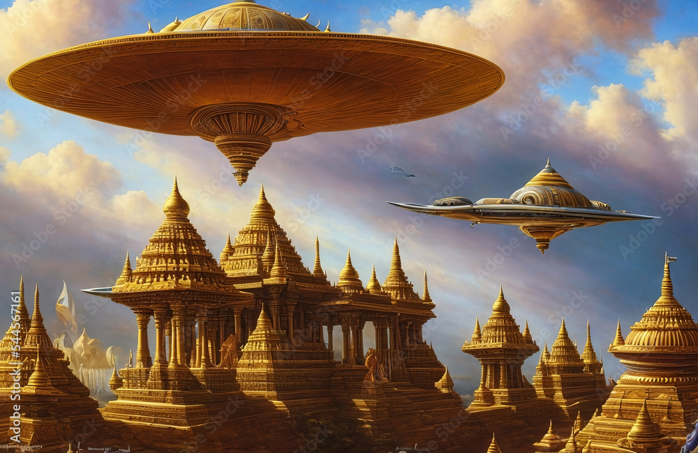 closeup of ancient hindu flying chariot or palast of gods vimana golden space ship flying over ...