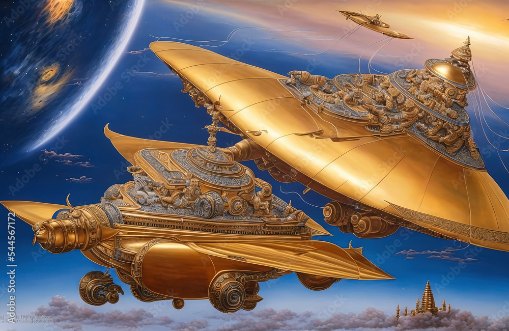 closeup of ancient hindu flying chariot or palast of gods vimana golden ...