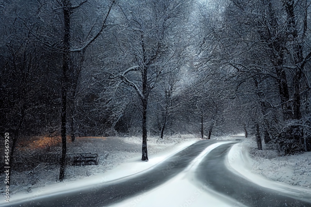 Car and falling snow in winter on forest road with much snow.(Motion ...
