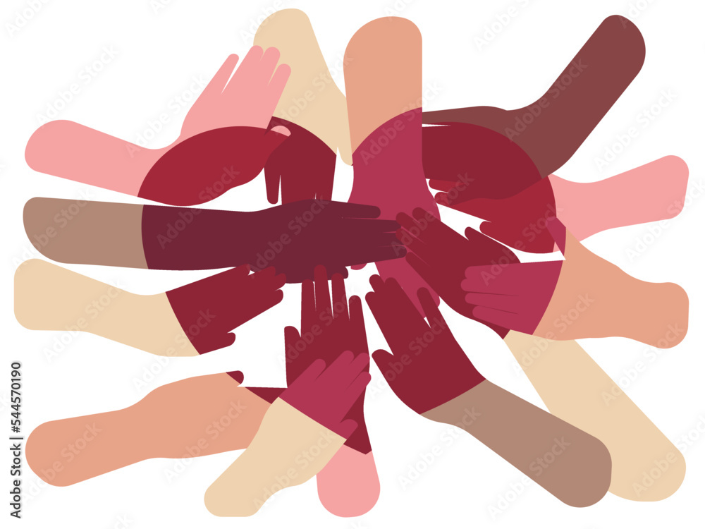 Hands of different colours forming a heart symbol. The idea of unity ...