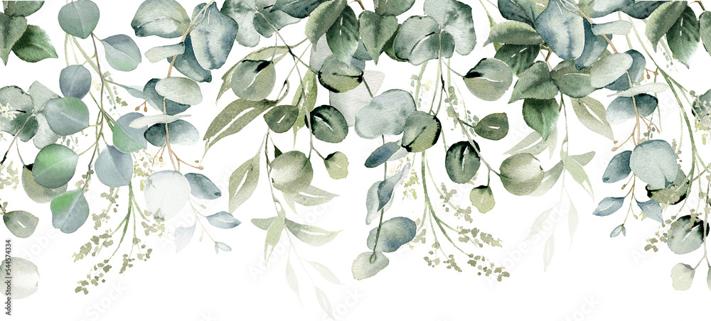 Eucalyptus leaves seamless border. Watercolor floral illustration ...