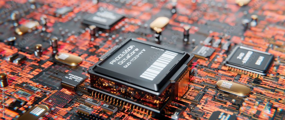 Cyberpunk AI 3D timeline. Circuit board. Technological background. CPU ...