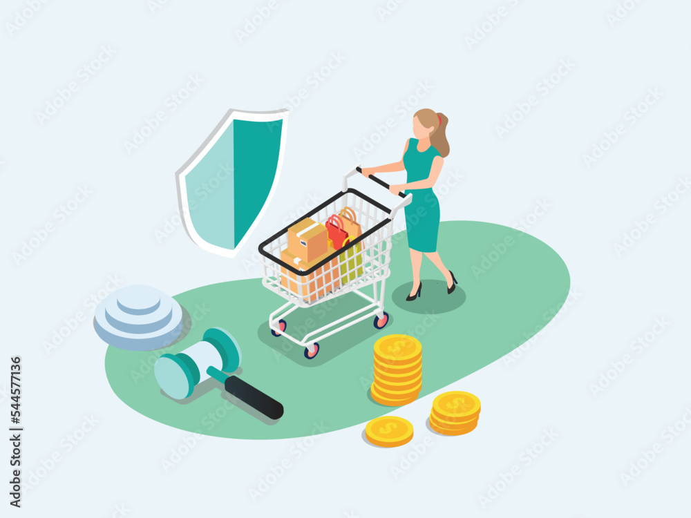 Consumer protection vector concept: Young woman pushing shopping cart ...