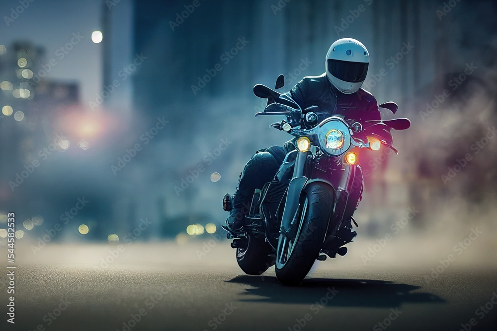 Photorealistic illustration of biker riding at the city street. Ai ...