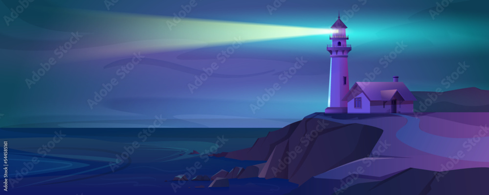 Cartoon working lighthouse with a beam of light at night. Marine ...