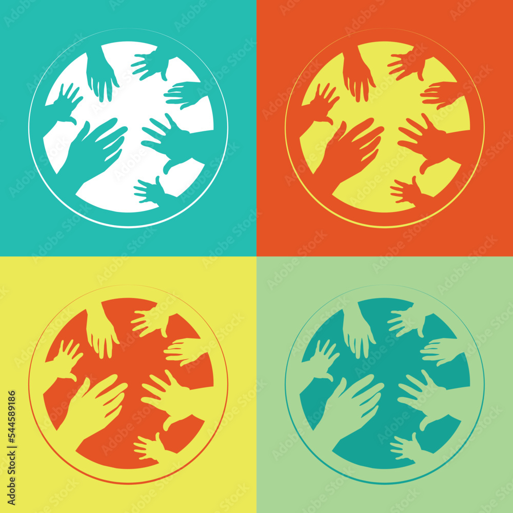 Helping hands vector logo art set.Four differently colored icons of ...
