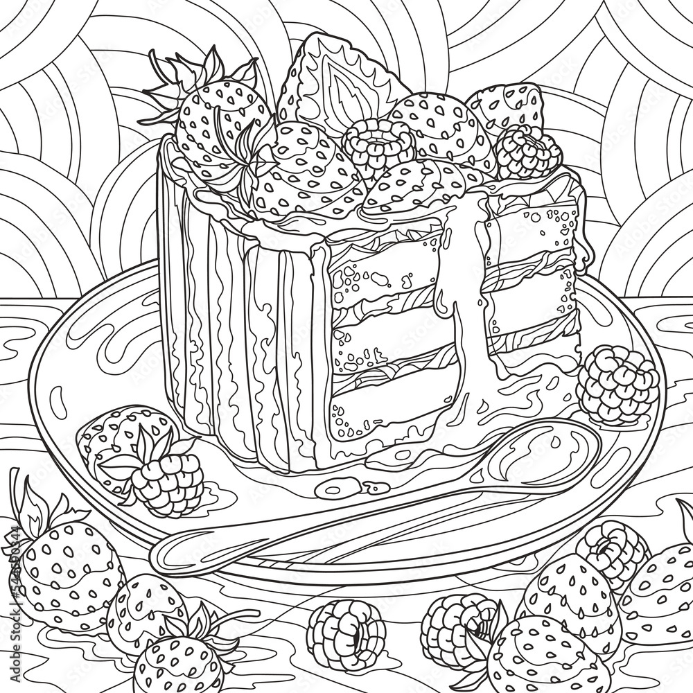 Coloring page for adults. Piece of strawberry cake. Vector illustration ...