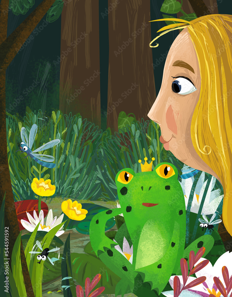 cartoon girl princess frog insects flying illustration Stock ...