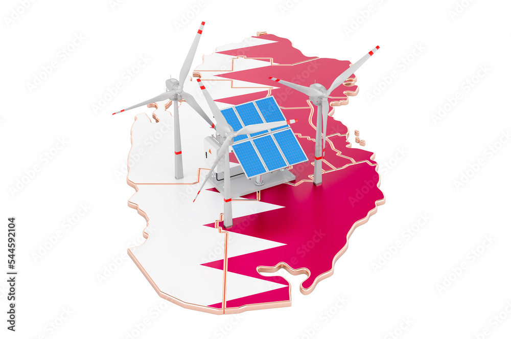 Renewable energy and sustainable development in Qatar, concept. 3D ...