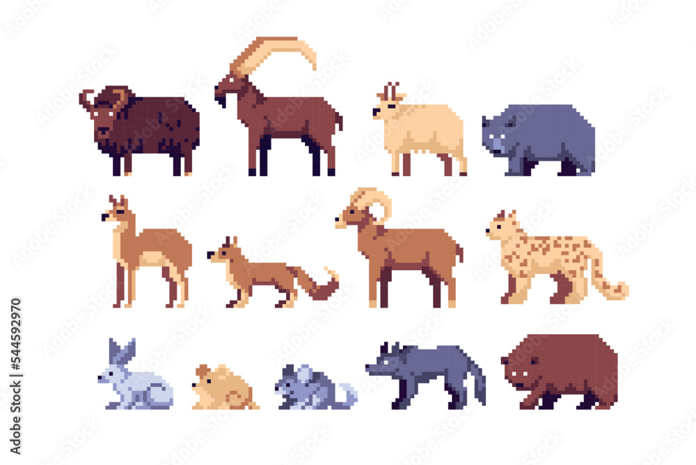 Mountain Animals pixel art set. Alpine wildlife collection. Snow forest ...