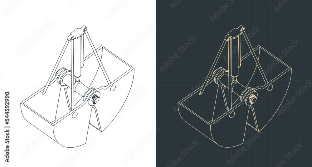 Clamshell digging bucket isometric blueprints Stock Vector | Adobe Stock