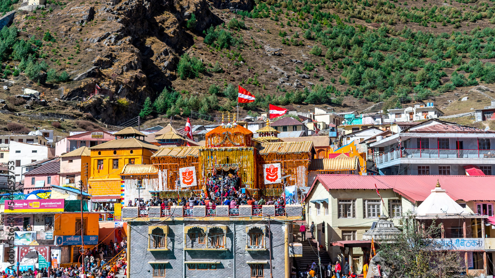 Aerial view of Badrinath Dham dedicated to Lord Vishnu situated in the ...