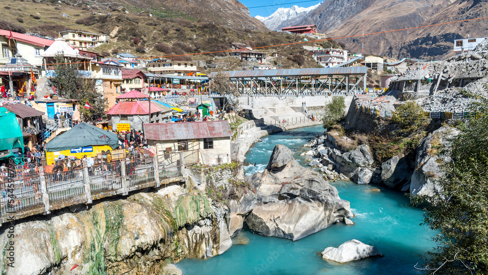 Aerial view of Badrinath town dedicated to Lord Vishnu situated in the ...