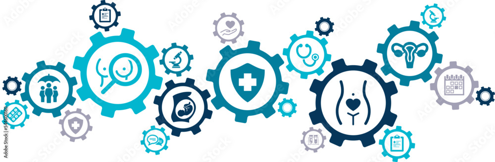 Gynecology vector illustration. Blue concept with icons related to ...