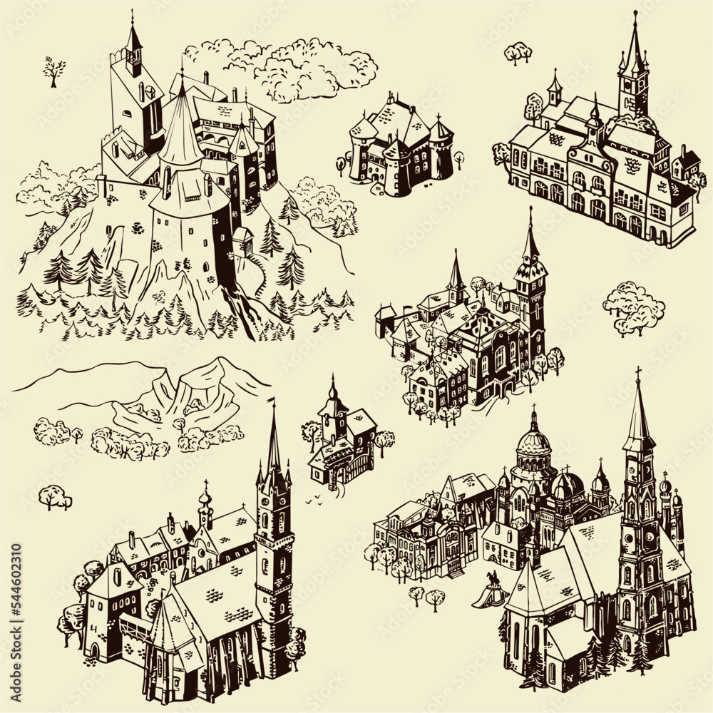 Simple line art draw with cities, towns, buildings and landmarks from ...