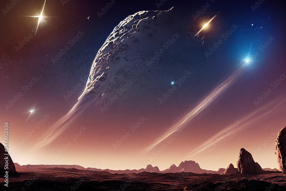 Raster illustration of desert planet with shining alien objects and ...