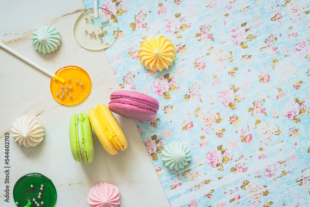 Background of various sweets and lollipops with space for banner text ...