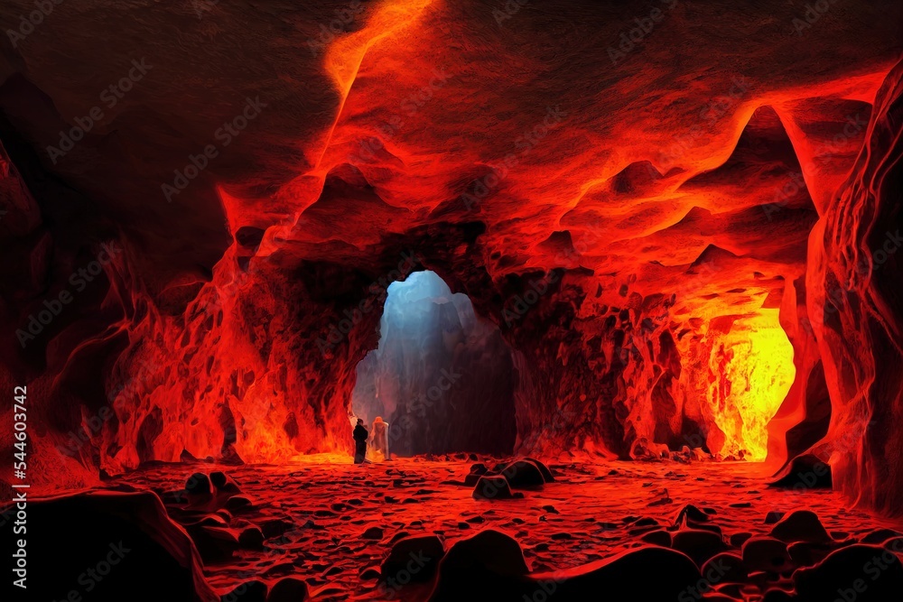 Raster illustration of beautiful cave in the rock. Hot cave due to ...