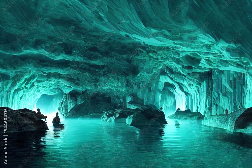 Raster illustration of underground lakes in a marble cave. Crystal ...