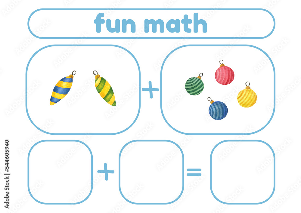 Christmas Activity page, sheet for kids. Arithmetic task with New Year ...