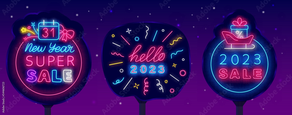 Hello 2023 confetti label. Neon street billboards collection. Happy New ...
