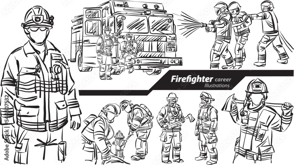 firefighter career profession work doodle design drawing vector ...