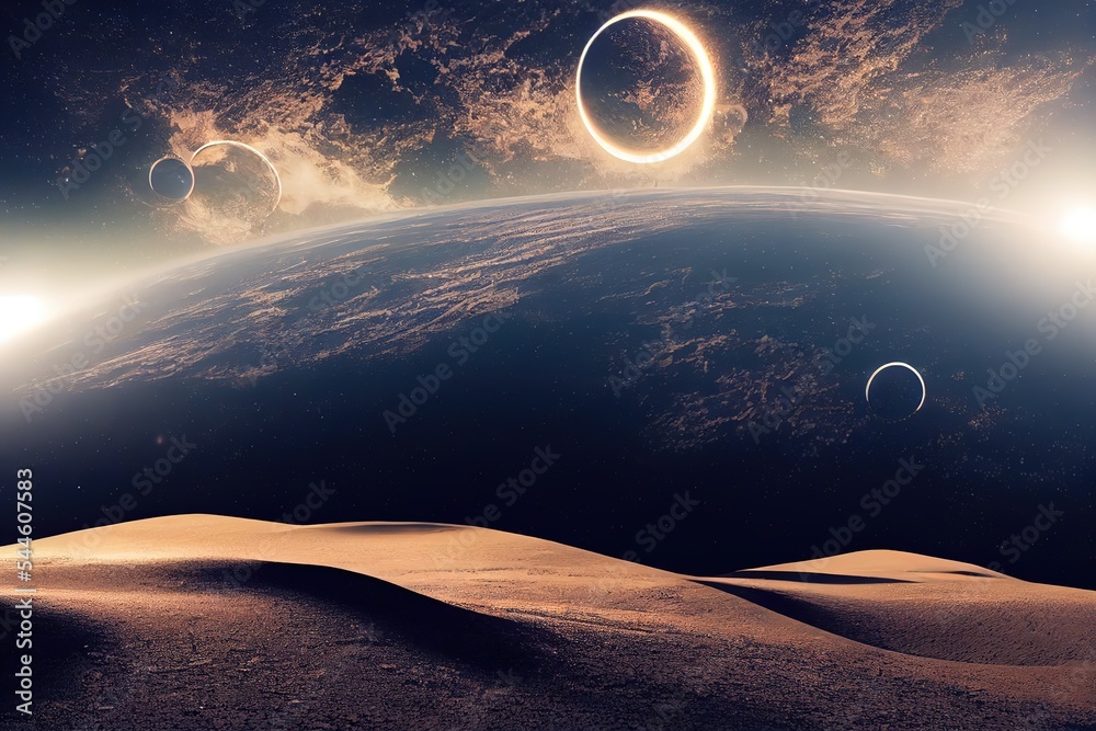 Night background of a desert landscape with a planet with rings in the ...