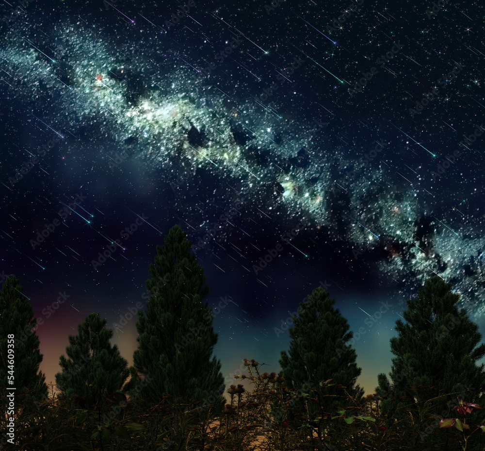 Starry sky nebula on night and dark forest plant and tree moon and ...