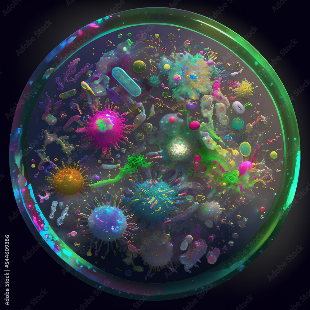 Microbiome, bacteria, under microscope, illustration, science ...