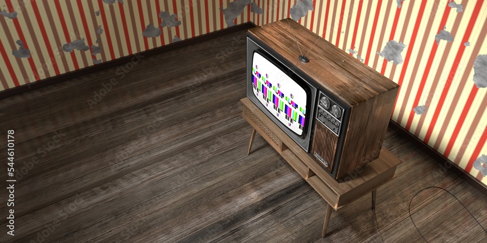Retro television set, wallpaper with vertical stripes on cracked wall ...