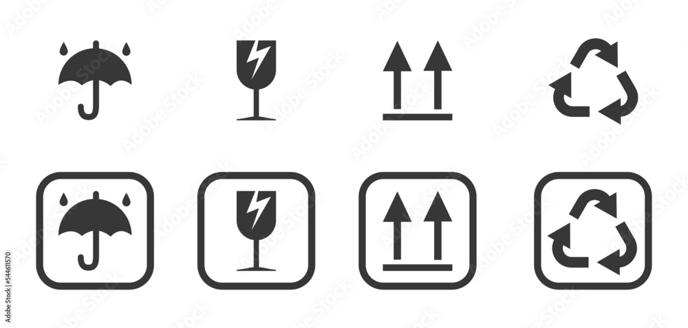 A set of packaging symbols, icons and marks. Recycling, Fragile, Keep ...