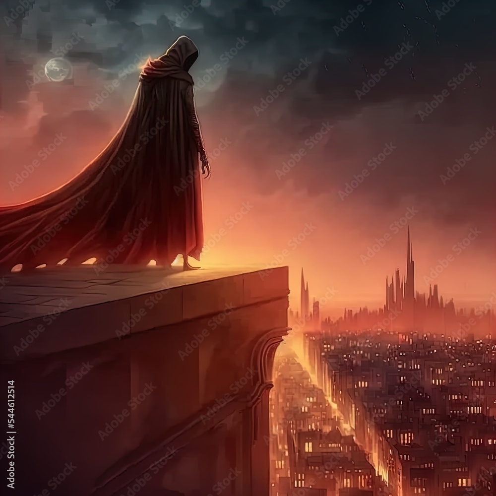 A mysterious hooded figure stands on a tall tower, looking down at the ...