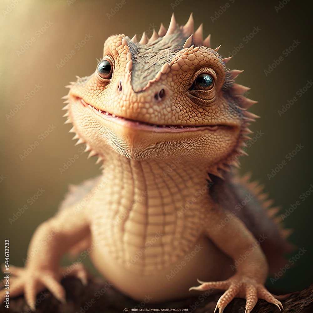 a cute adorable baby dragon lizard 3D Illustation stands in nature in ...