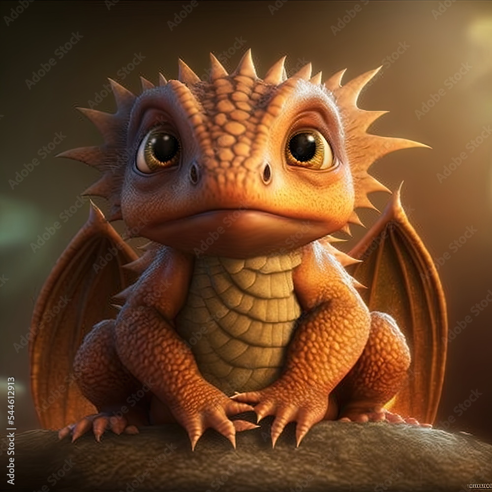 a cute adorable baby dragon lizard 3D Illustation stands in nature in ...